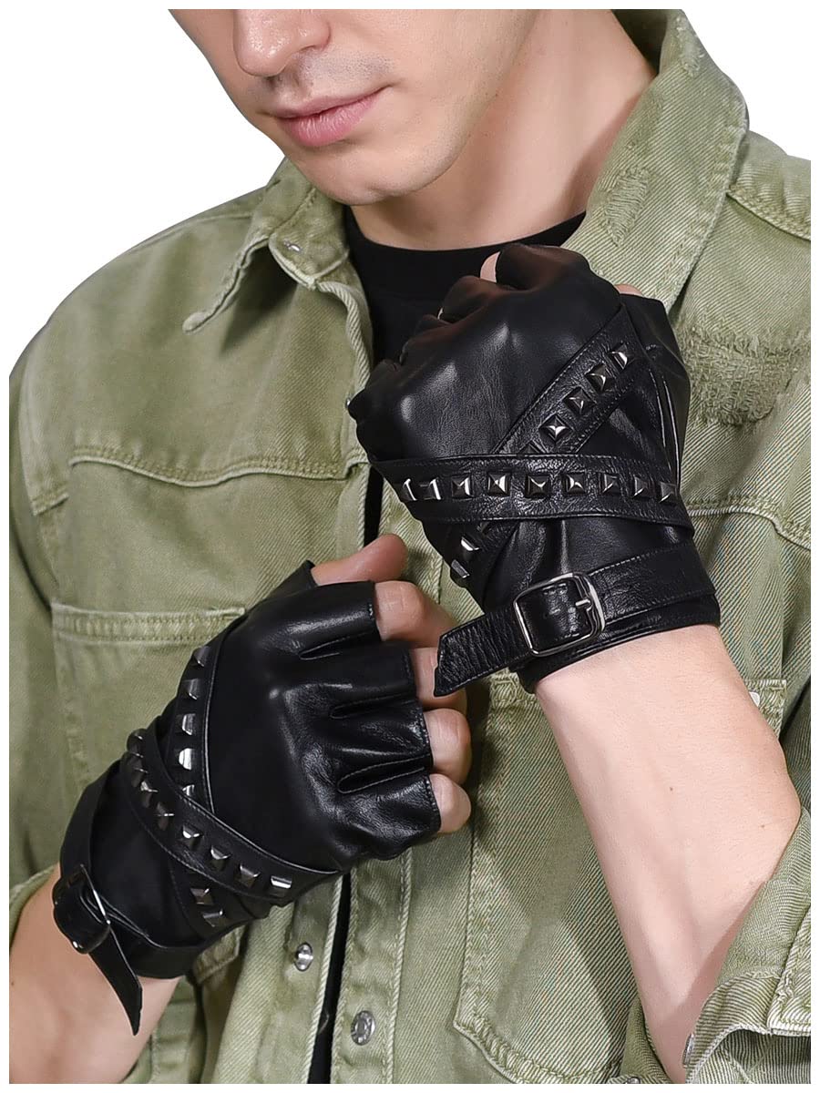 FIORETTO Men Genuine Leather Fingerless Gloves Punk Half Finger Gloves Unlined Sheepskin Gloves for Driving Motorcycle Black Large