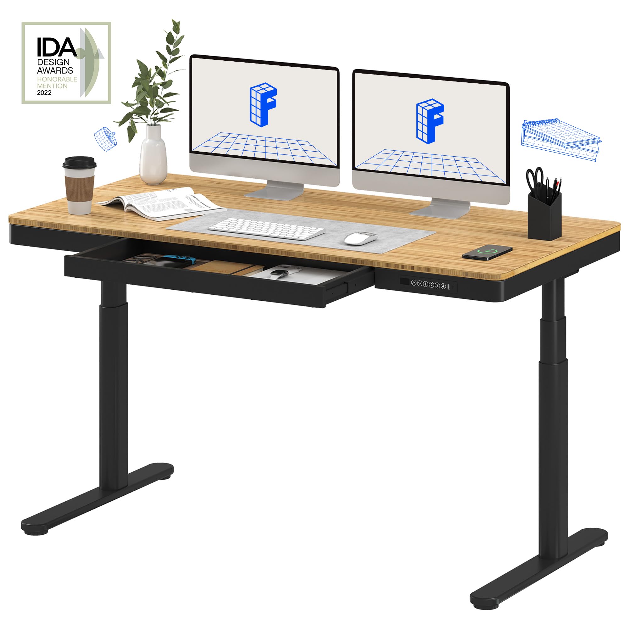 FLEXISPOT 48" Marble Standing Desk Adjustable Height with USB Port Charging, Electric Home Office Computer Table Stand up Desk with Drawers Storage (Modern Marble Grey Top + White Frame)
