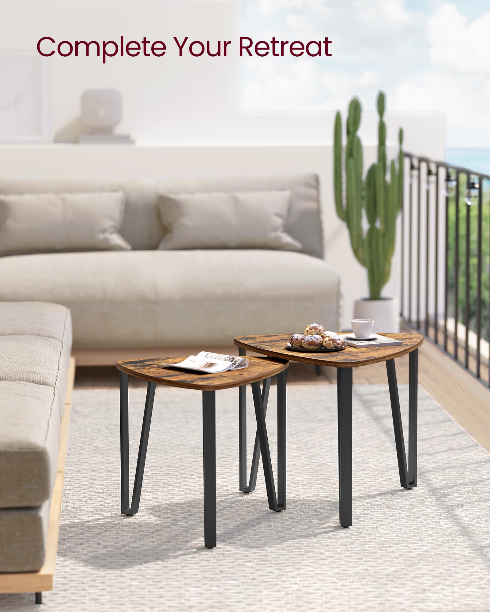 VASAGLE Nesting Coffee Tables, End Tables Set of 2 for Living Room Bedroom, Industrial Small Stacking Side Tables with Metal Frame for Couch, Rustic Brown and Black ULET013B01