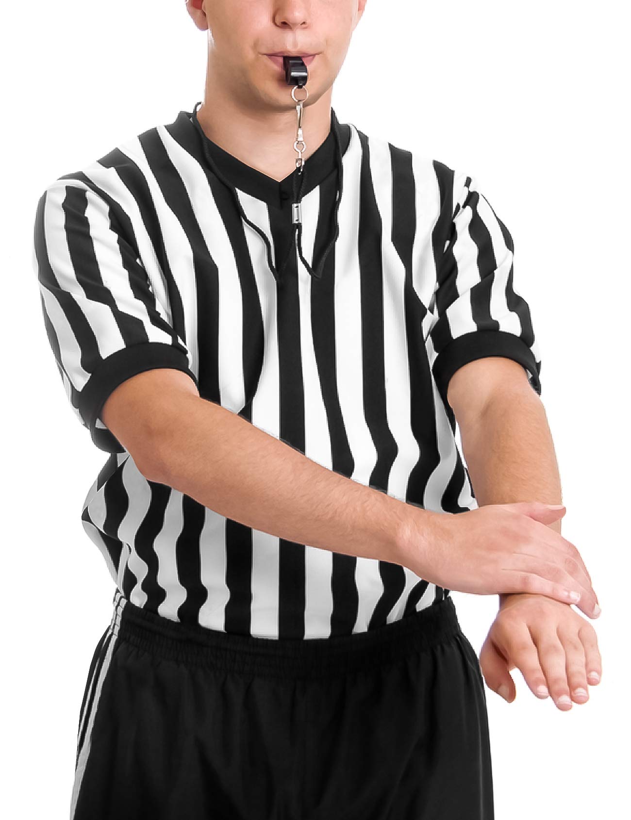FitsT4 Sports Men's Official Black & White Stripe Referee Shirt Short Sleeve Umpire Jersey Costume Pro Ref Football Uniform