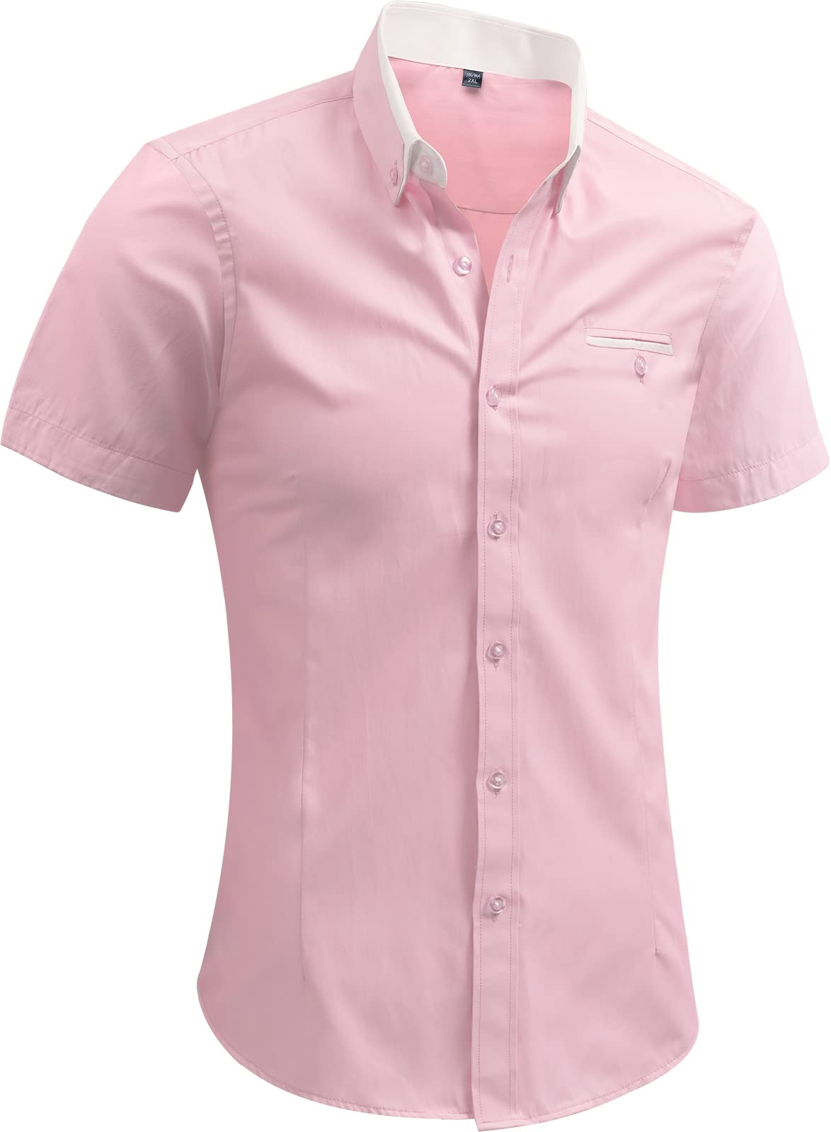 FLY HAWK Men's Short Sleeve Casual Button Down Shirts, Slim Fit Contrast Collared Summer Button Up Shirts for Men Pink Medium