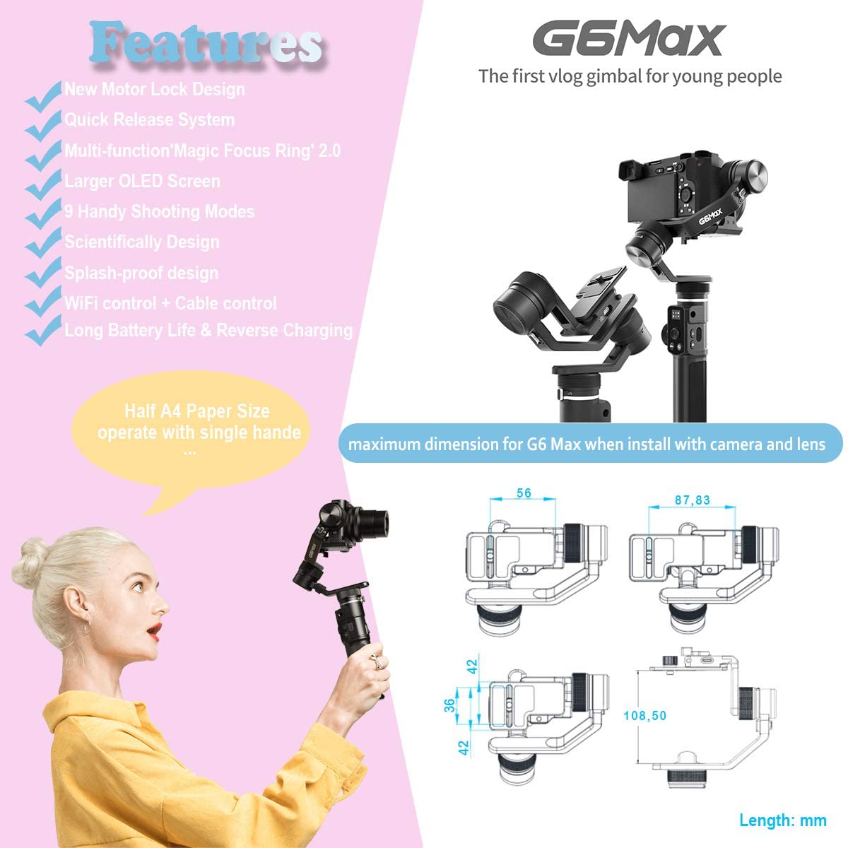 FeiyuTech G6 Max 3-Axis Camera Gimbal Stabilizer for Small Mirrorless/Pocket/Action Camera/Smartphone for Sony a6300/a6500 α7SII RX100 Gopro 9/8/7/6/5 iPhone 12 Samsung S10+, 2.65lb Payload