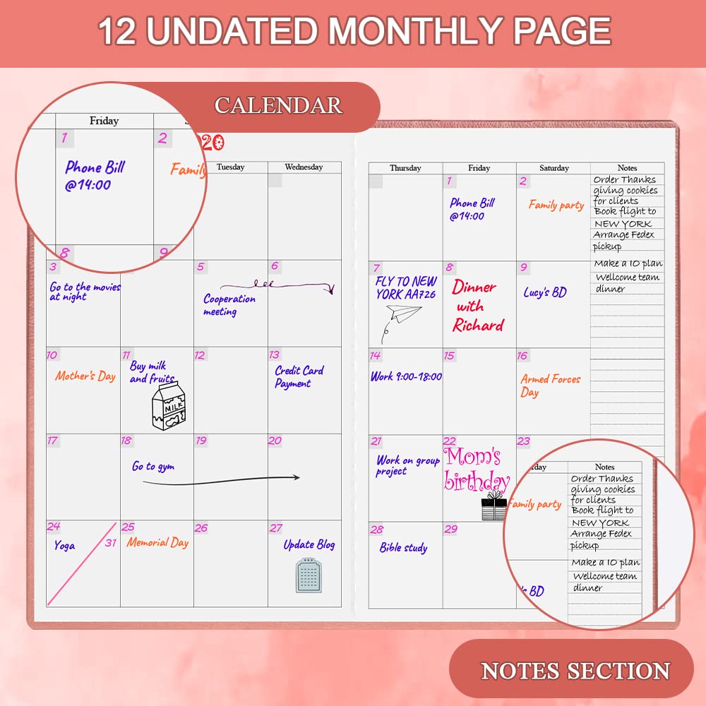 Hardcover Undated Planner for Any Year - Weekly & Monthly Planner & Journal to Track Goals, Perfect to Organize Your Daily Life, 5.85" x 8.25", Rose
