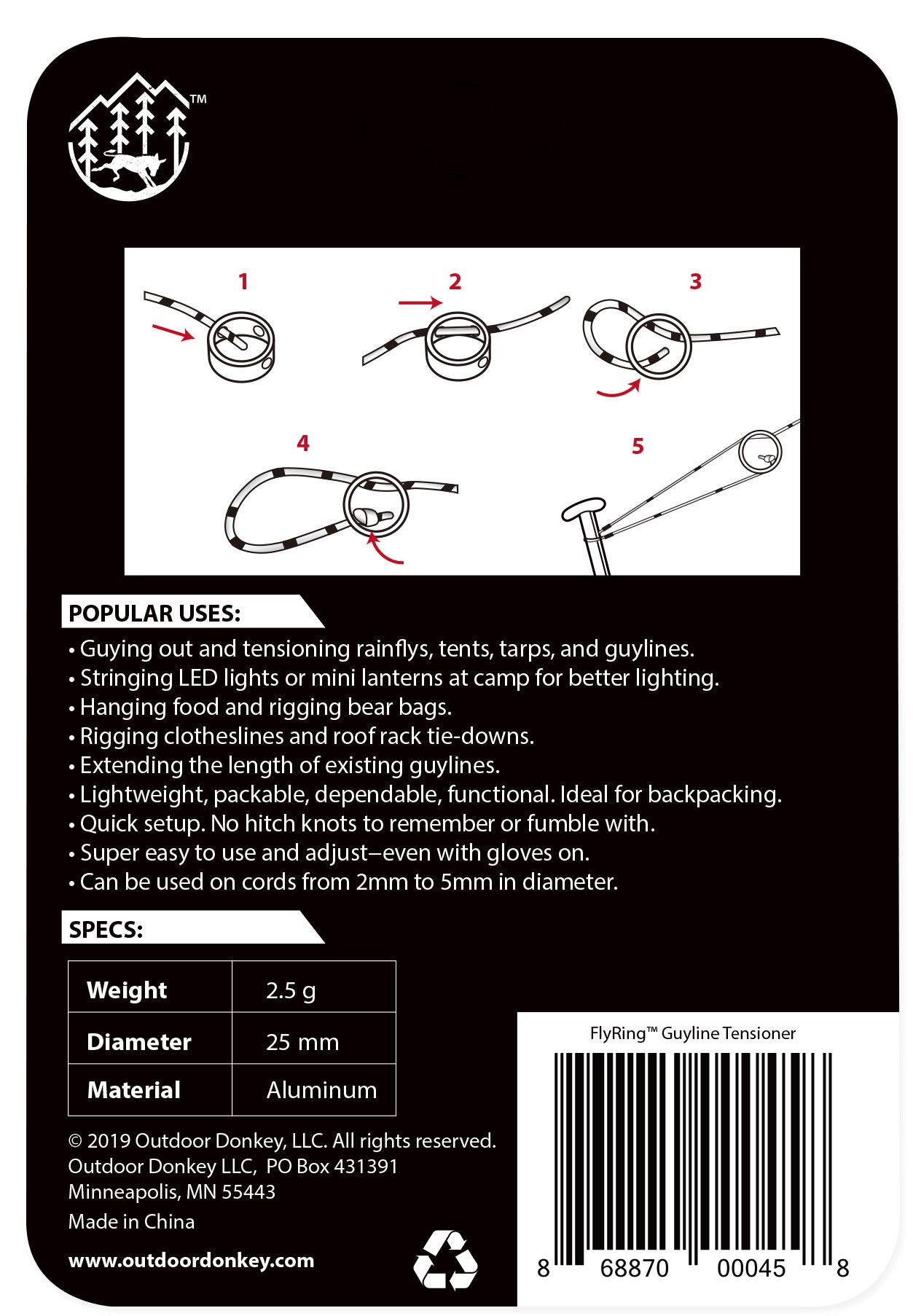 FlyRing Guyline Cord, Rope & Paracord Tensioner Adjuster for Hiking, Camping, Backpacking (Aluminum, Red, 6-Pack)