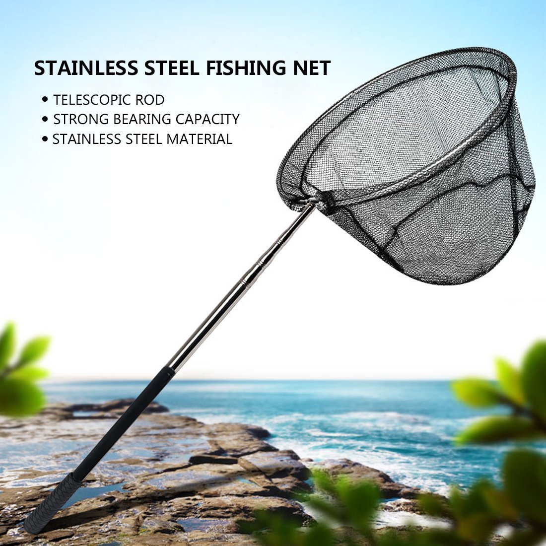 Fishing Landing Net Folding Stainless Steel Fish Carp Landing Net with Extending Non-slip Pole Handle, Fish Shrimp Bird Butterfly Catching Gear