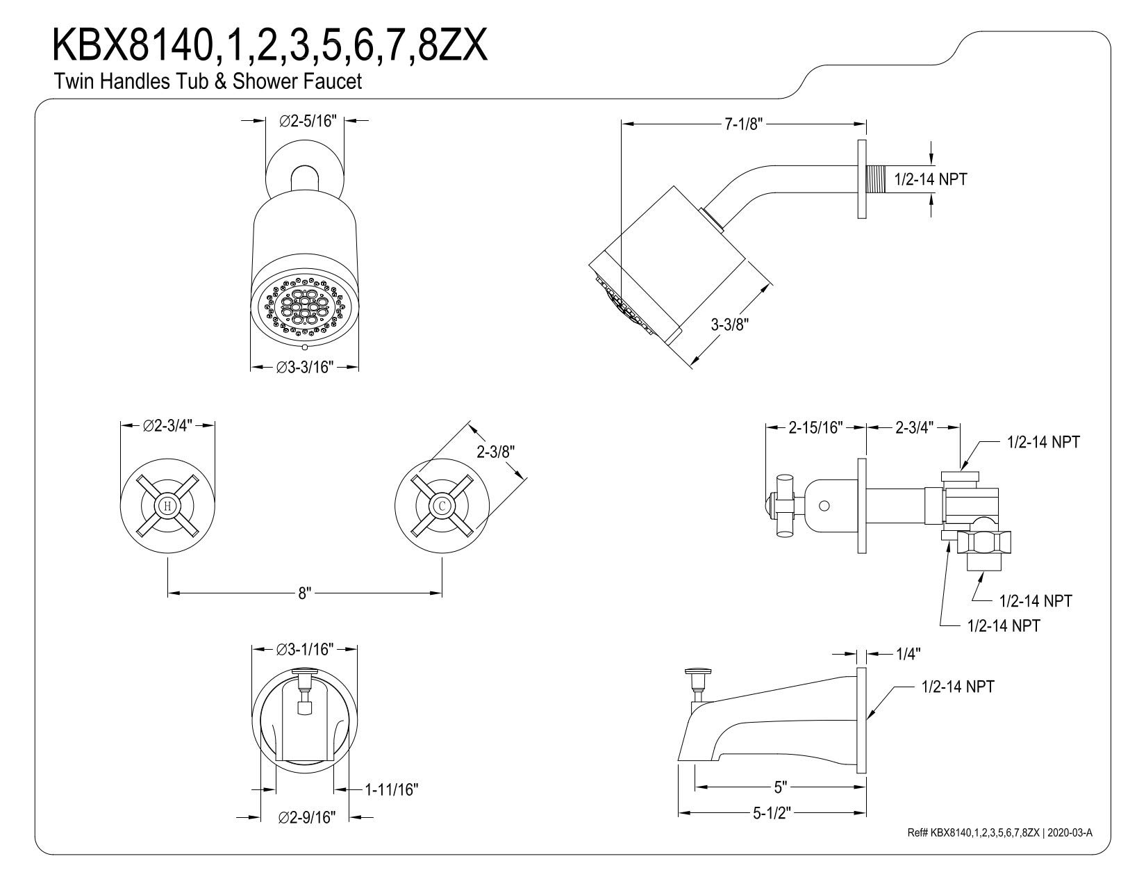 Kingston Brass KBX8140ZX Millennium Tub and Shower Faucet, Matte Black 7.31 x 8 x 72