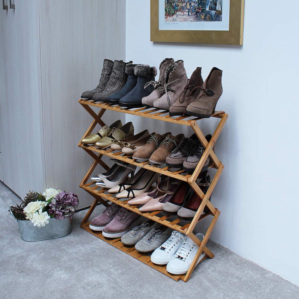 Foldable Bamboo SHOE RACK. 100% assembled, ready to use. Organizer with 4 shelves for 12 pairs of shoes. Closet - shoe rack furniture. Home Rack. Expandable closet