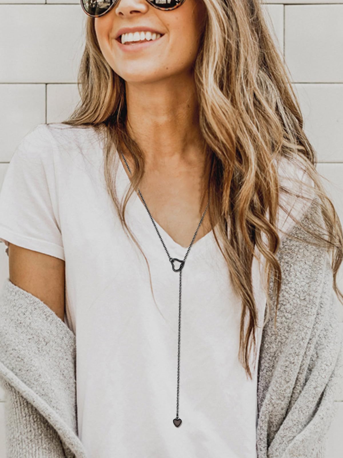 FOCALOOK Black Long Necklaces for Women Trendy Drop Heart Pendant Lariat Long Chain Elegant Y-Necklaces