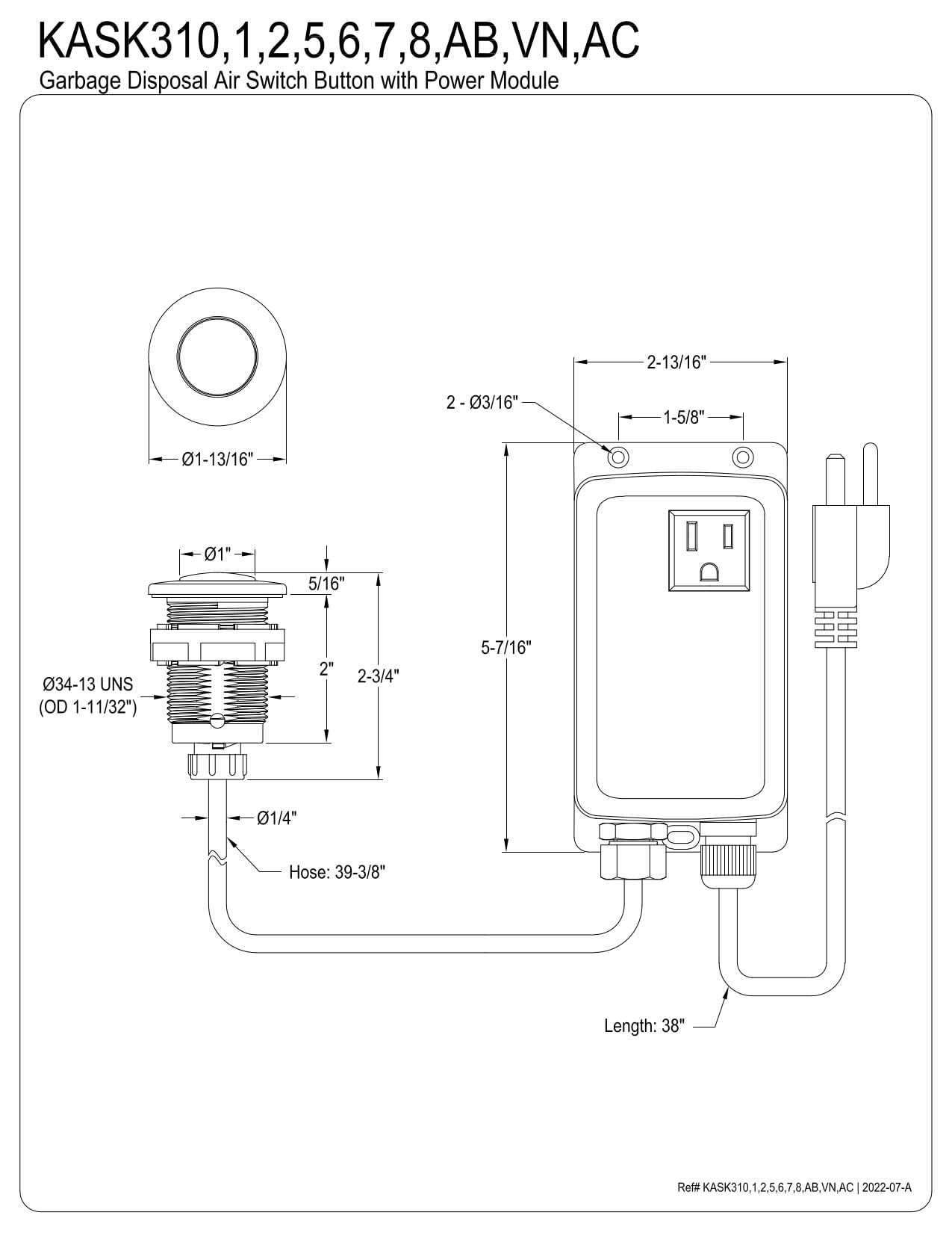 Kingston Brass KASK317 Trimscape Single Outlet Garbage Disposal Air Switch Kit, Brushed Brass