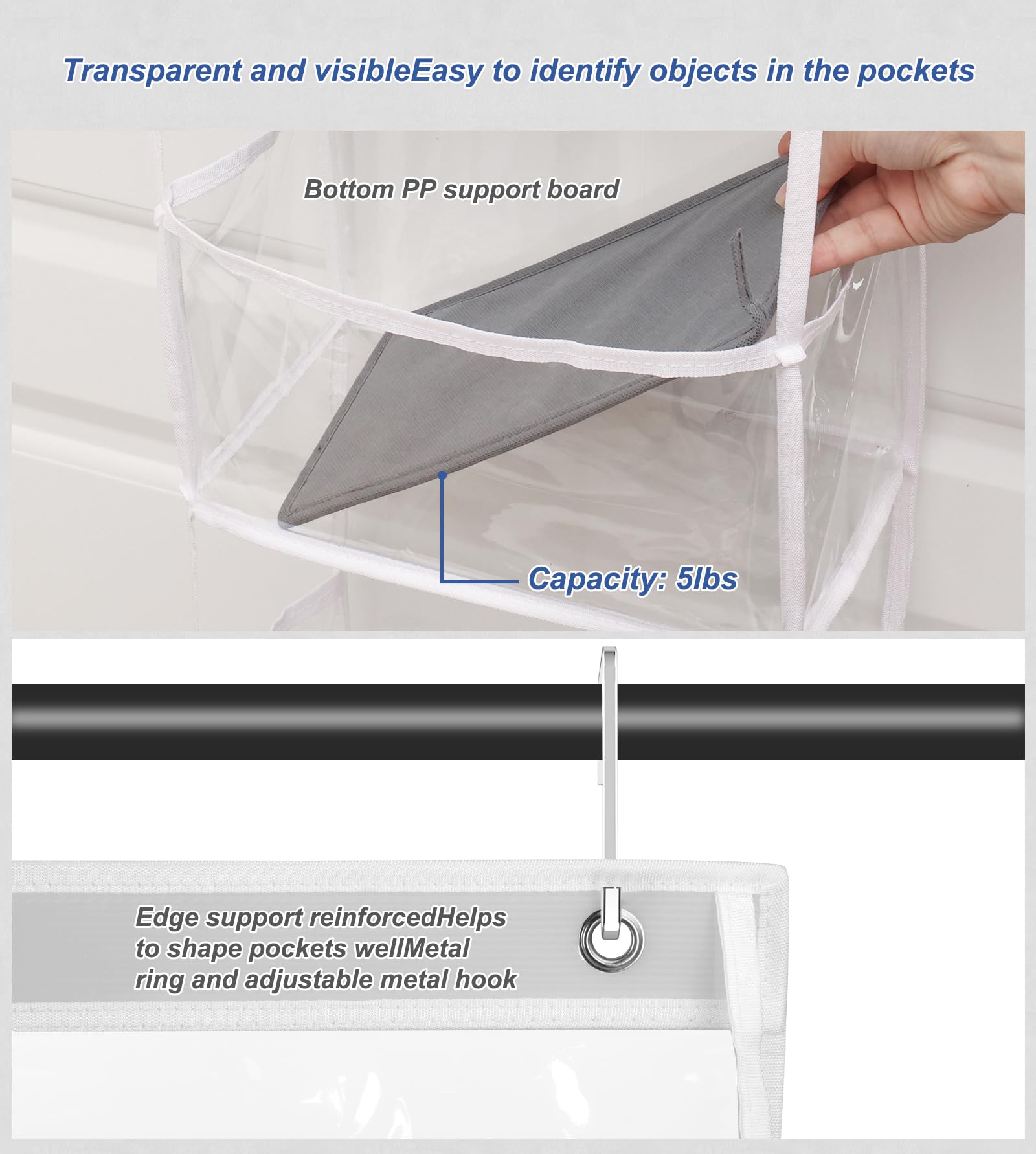 Fixwal 6-Shelf Over The Door Hanging Pantry Organizer Hanging Storage with Clear Plastic Pockets Slim Door Shelf Behind The Door Storage with 3 Small PVC Pockets for Closet Bedroom Bathroom (White)
