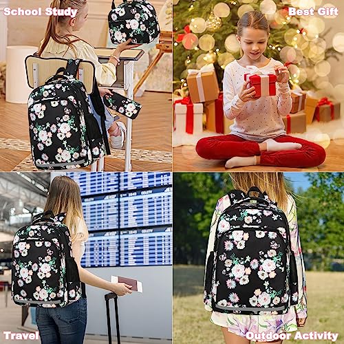 School Backpack Girls Floral Bookbag Teens Water-resistant Schoolbag Kids Insulation Lunch Bag and Pencil Case