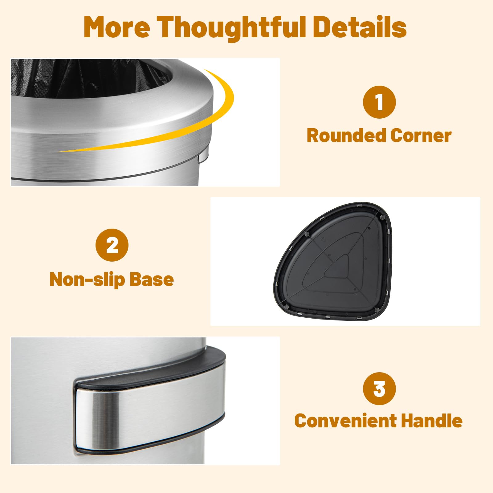 S AFSTAR Corner Trash Can 16 Gallon/60 L, Kitchen Garbage Can, Large Open Top Touchless Rubbish Can, Anti-Slip Bottom, Triangular Waste Bin, Stainless Steel Trash Bin for Bathroom Kitchen Bedroom