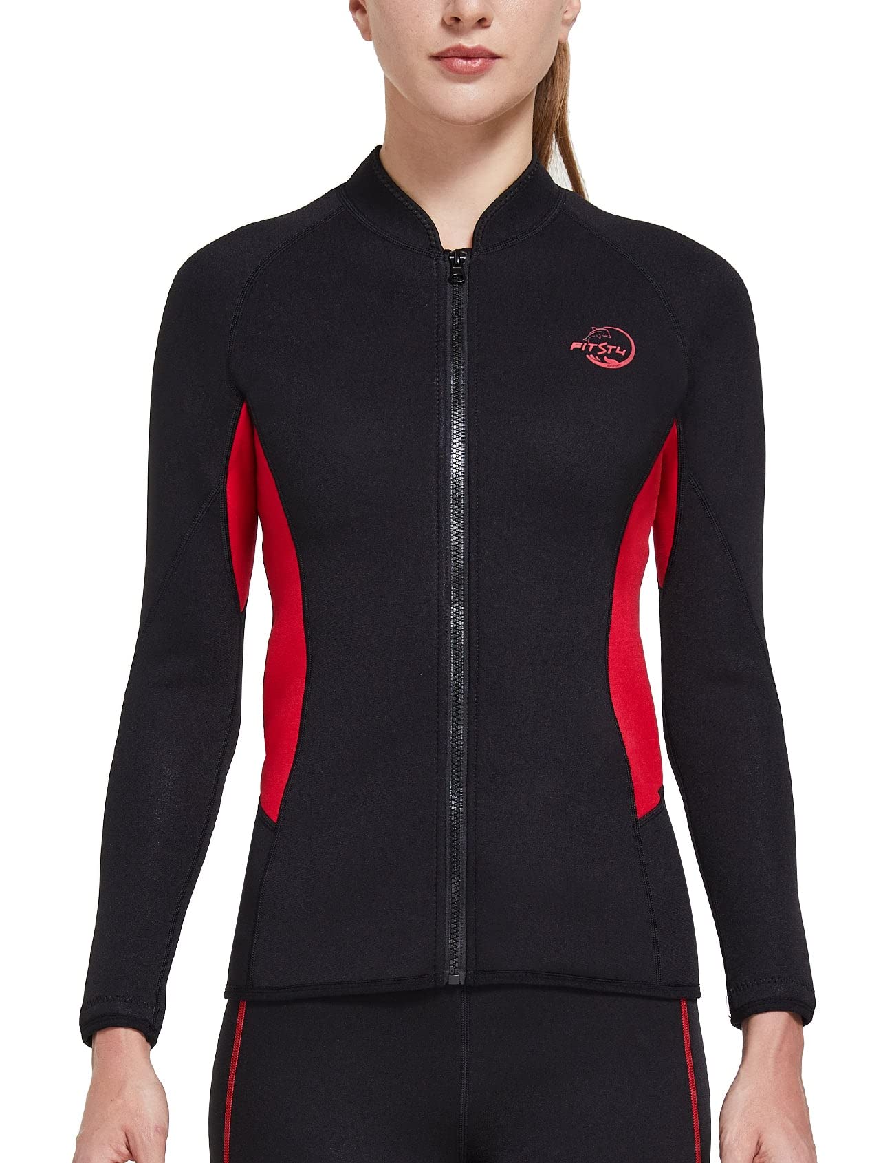 FitsT4 Womens Wetsuit Top 2mm Long Sleeve Neoprene Wetsuit Jacket with Front Zipper for Swimming Diving Surfing Boating Kayaking Snorkeling Red XL
