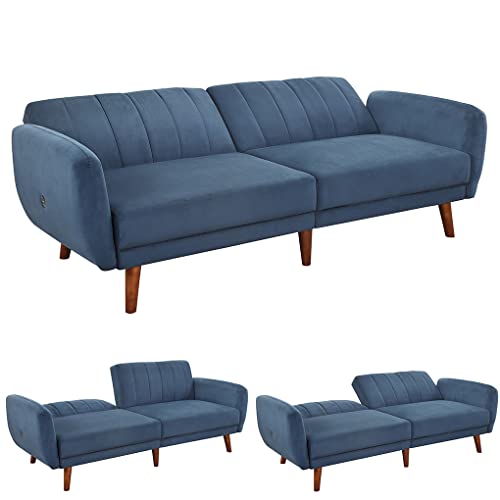 PEFEK Futon Sofa Bed Sleeper Loveseat Convertible Couch for Living Room with USB Charging, Modern Velvet Teal Love Seat Sofá Couch, Sofa Cama para Sala Muebles, Navy