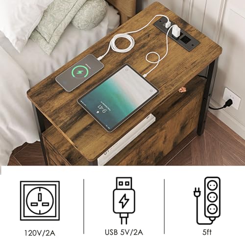 Fixwal Side Table with Charging Station, Narrow End Table with 2 Wooden Drawers, Nightstand Sofa Table for Small Spaces, Living Room, Bedroom, Rustic Brown