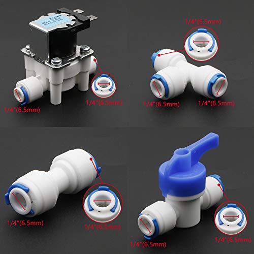 Pxyelec DC 24V 1/4 inch Inlet Feed Water Solenoid Valve Quick Connect Water Inlet Flow Switch and Wire, Quick Connect Water Purifiers Tube Fittings for RO Water Reverse Osmosis System