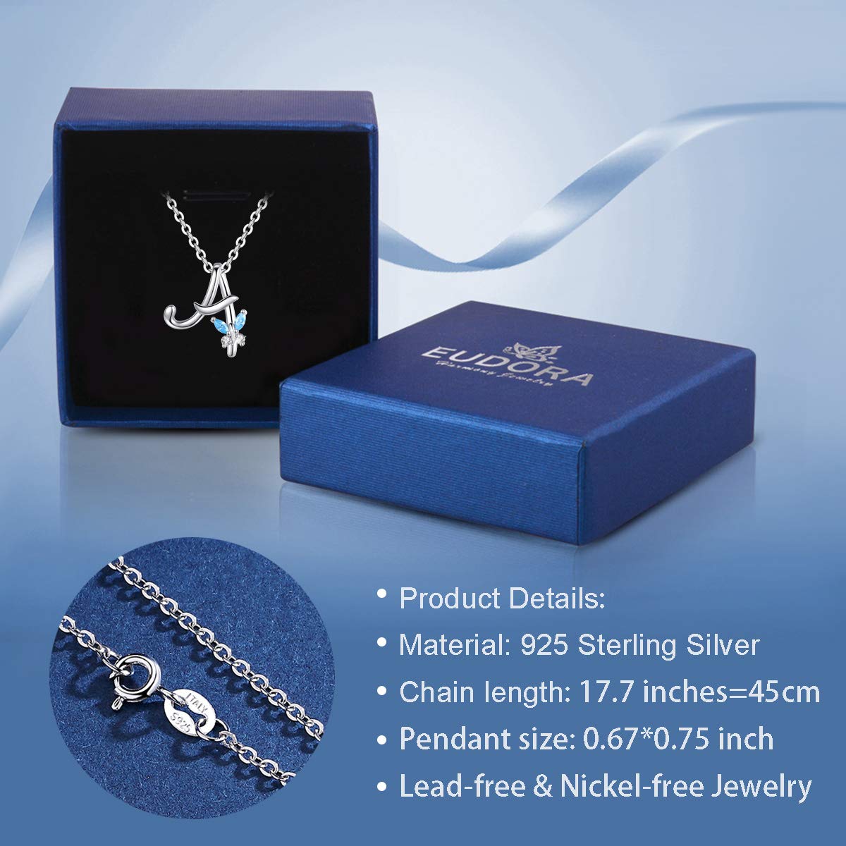 EUDORA Sterling Silver Initial A Necklaces for women Alphabet A Necklace Initial Personalized Letter A Pendant with Blue Cubic Zirconia Butterfly for Mom 18" Chain