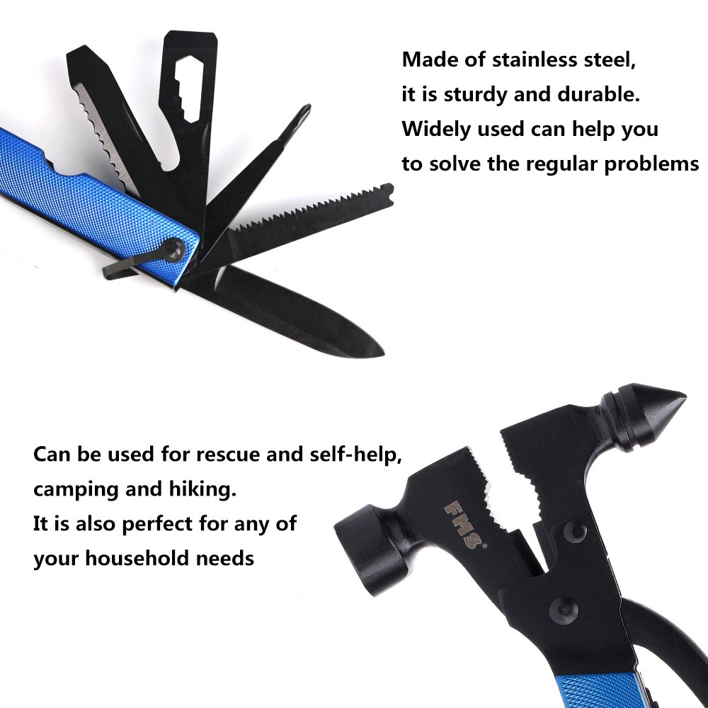 FMS Stainless Steel Multi Tool, Portable Multi-functional Hammer Kit with Nylon Belt Pouch for Car Emergency, Camping, Household