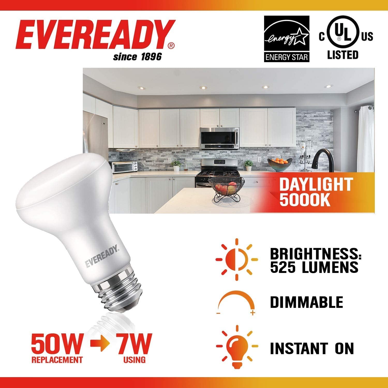 Eveready Led Flood Light Bulbs, BR20, 50 Watt Equivalent (7W Led Bulb), 525 Lumens, 5000K Daylight Color, Dimmable, E26 Base Flood Lights for Recessed Cans, Energy Star and UL Certified β 6 Pack