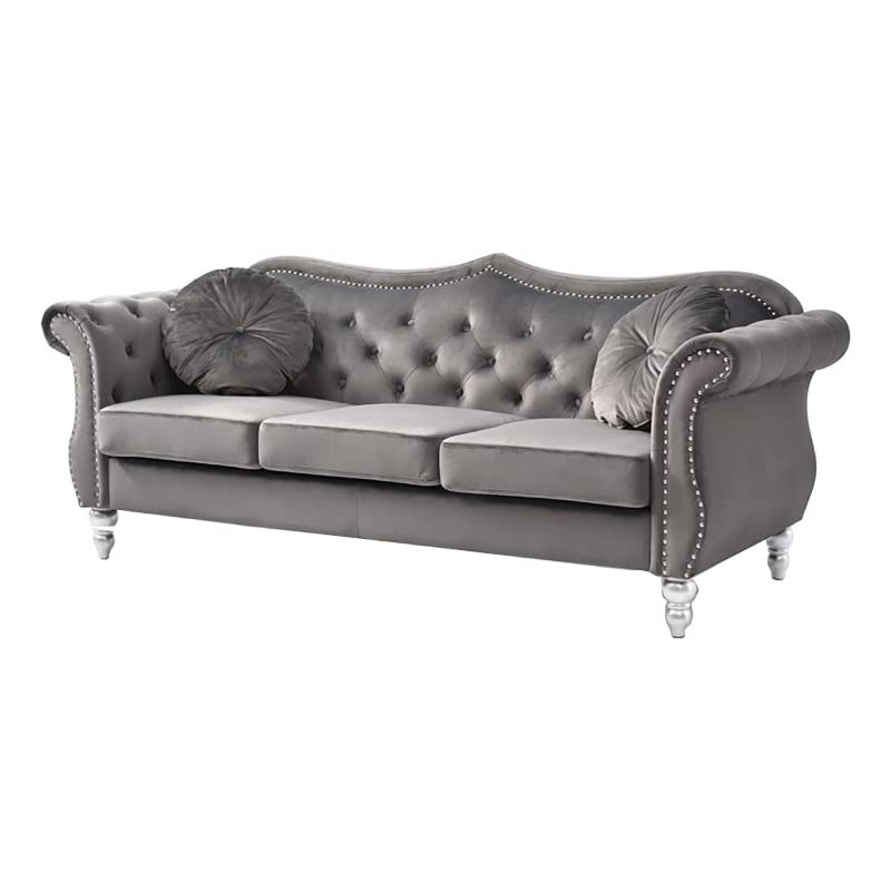 Pemberly Row17 Transitional Velvet Tufted Sofa with 2 Pillows in Dark Gray