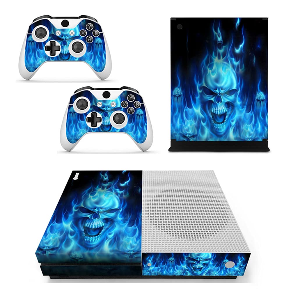 FOTTCZ Vinyl Skin for Xbox One Slim Console & Controllers Only, Sticker Decorate and Protect Equipment Surface, Blue Flame Evil Spirit