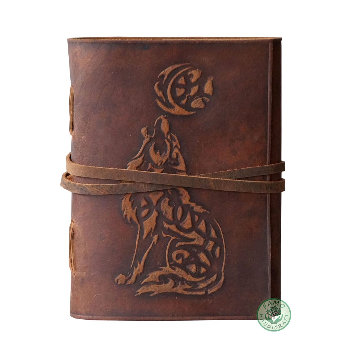 Famo Handicraft Wolf Embossed Handmade Leather Bound Journal Writing Notebook Diary Notepads for Men & Women Blank Paper 7 x 5 Inches - Best Gift for Art Sketchbook & Vintage Handbook