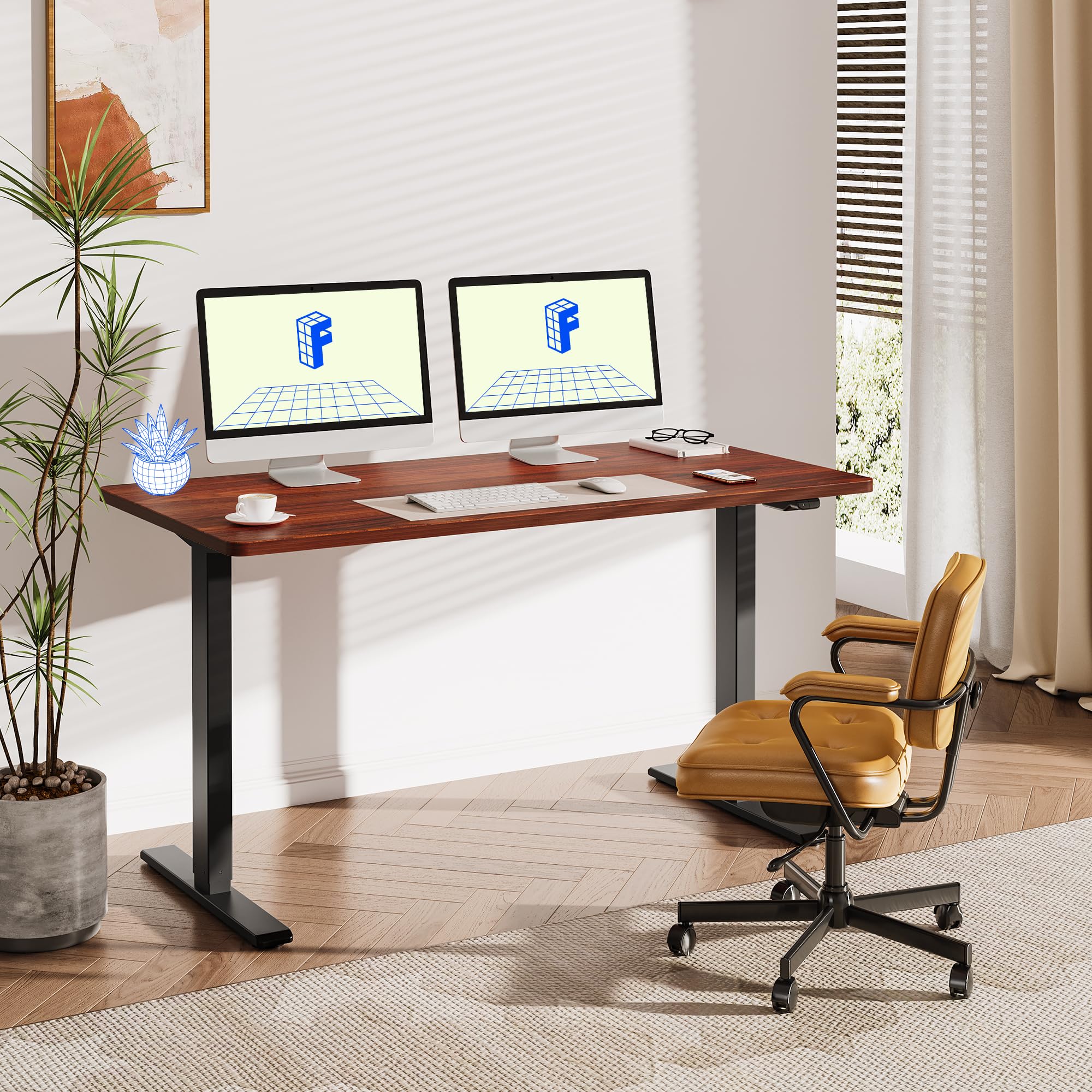 FLEXISPOT EC1 Standing Desk 55 x 28 Inches Electric Stand Up Desk Workstation, Whole-Piece Desk Board Home Office Computer Height Adjustable Desk (Black Frame + 55" Mahogany Top 2 Packages)
