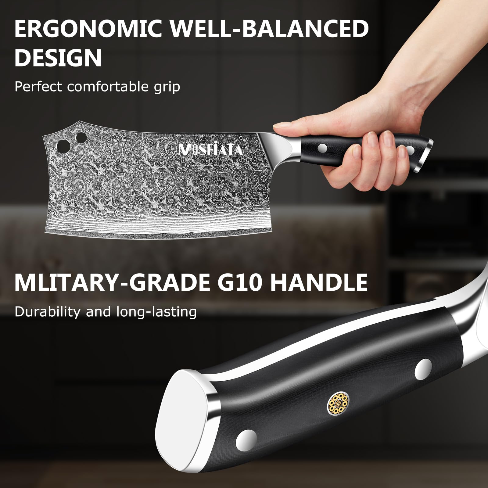 MOSFiATA Damascus 7” Cleaver Knife,Ultra Sharp Vegetable and Meat Butcher Knife with Finger Guard for Home Kitchen and Restaurant