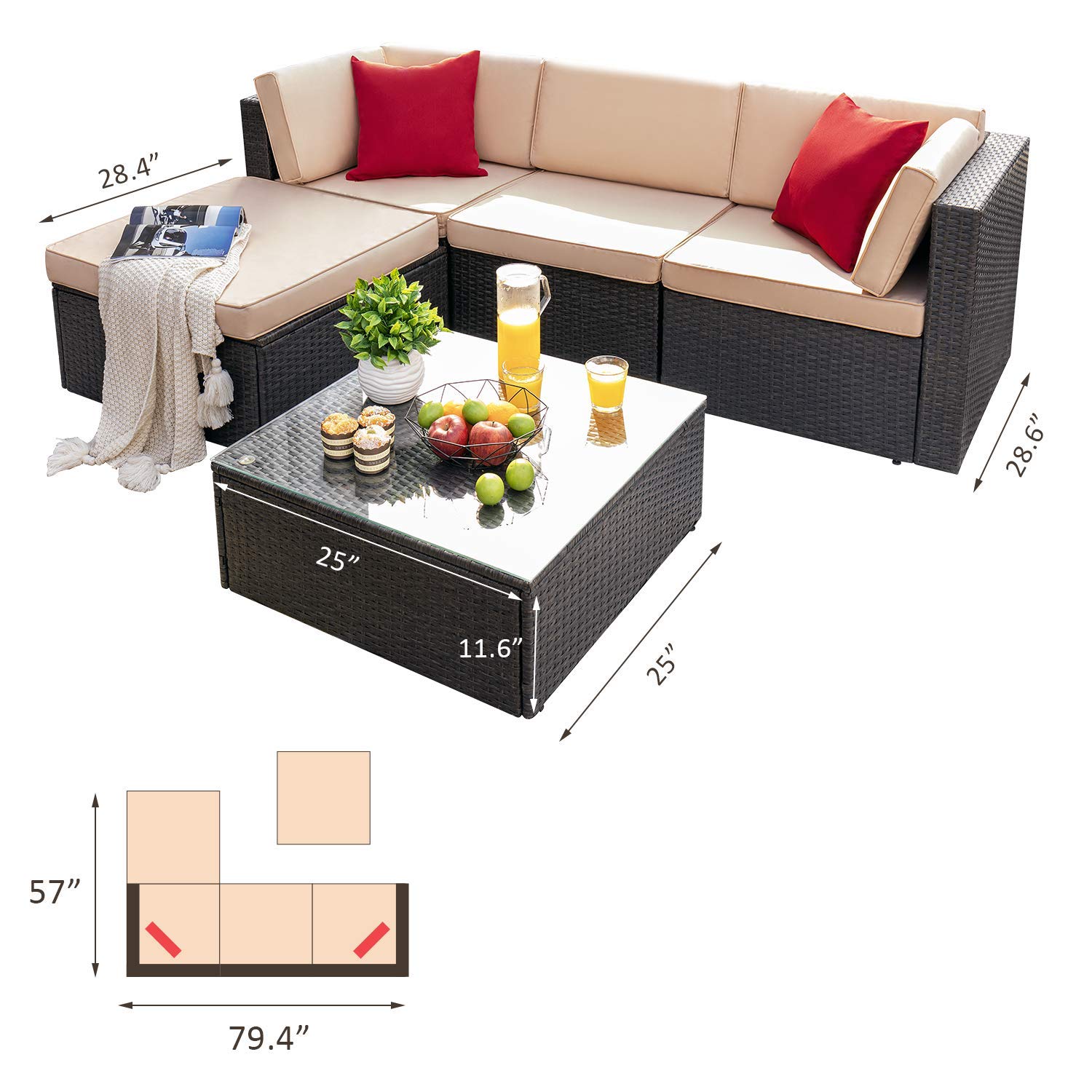 Flamaker 5 Pieces Patio Furniture Set Outdoor Sectional Sofa Patio Sofa Conversation Sets with Ottoman and Cushions