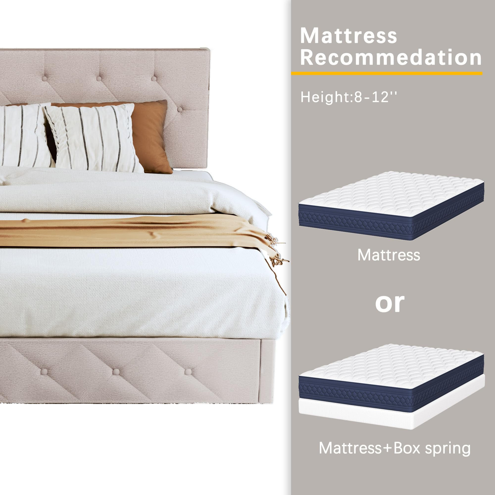 Fluest Queen Bed Frame with Headboard Storage, Upholstered Platform with Adjustable Headboard, Wooden Slats, No Box Spring Needed, Easy Assembly, Mattress Foundation - Beige