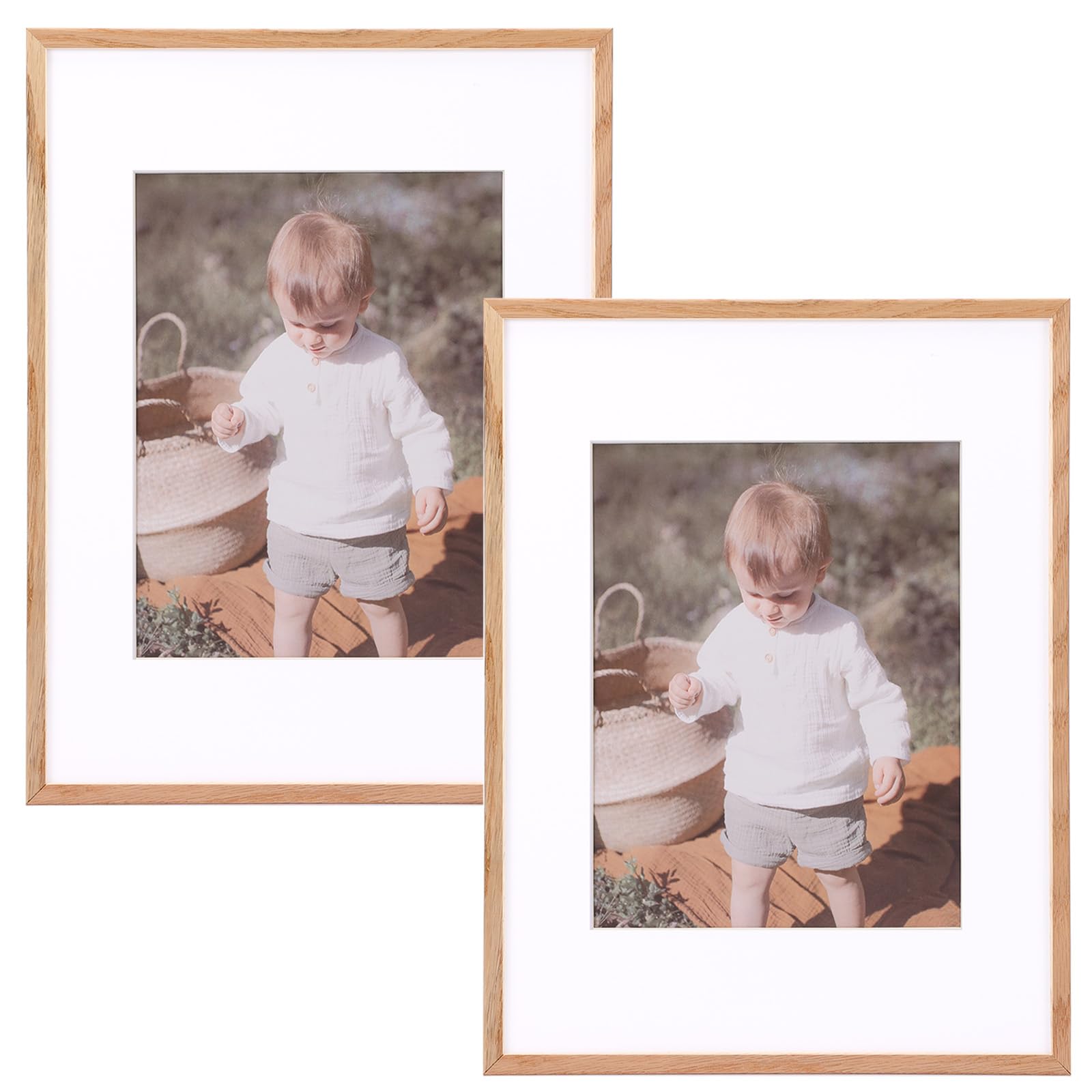 Fixwal 2 Pack of 11x14 Beige Oak Hanging Picture Frames, Natural Solid Wood Photo Frames with Plexiglass, 8x10 Picture Frames with Mat or 11x14 Picture Frames without Mat