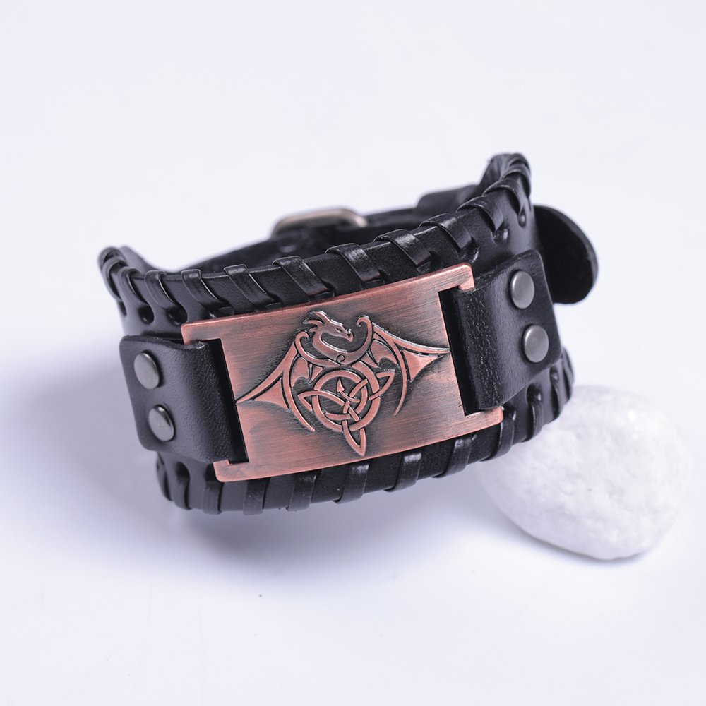 fishhook The Elder Scrolls Dragon Pterosauria Triquetra Pattern Bangle Wide Leather Bracelet (Antique Copper,Black Leather)