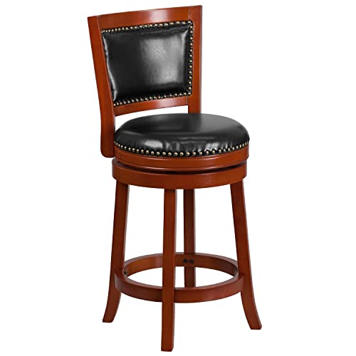 Flash Furniture Ebert 26'' High Light Cherry Wood Counter Height Stool with Open Panel Back and Black LeatherSoft Swivel Seat