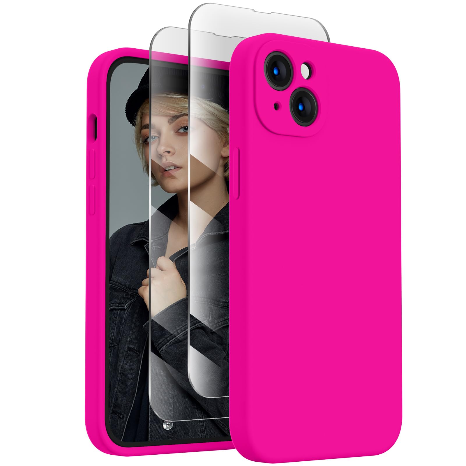 FireNova Designed for iPhone 15 Case, Silicone Upgraded [Camera Protection] Phone Case with [2 Screen Protectors], Soft Anti-Scratch Microfiber Lining Inside, 6.1 inch, Hot Pink