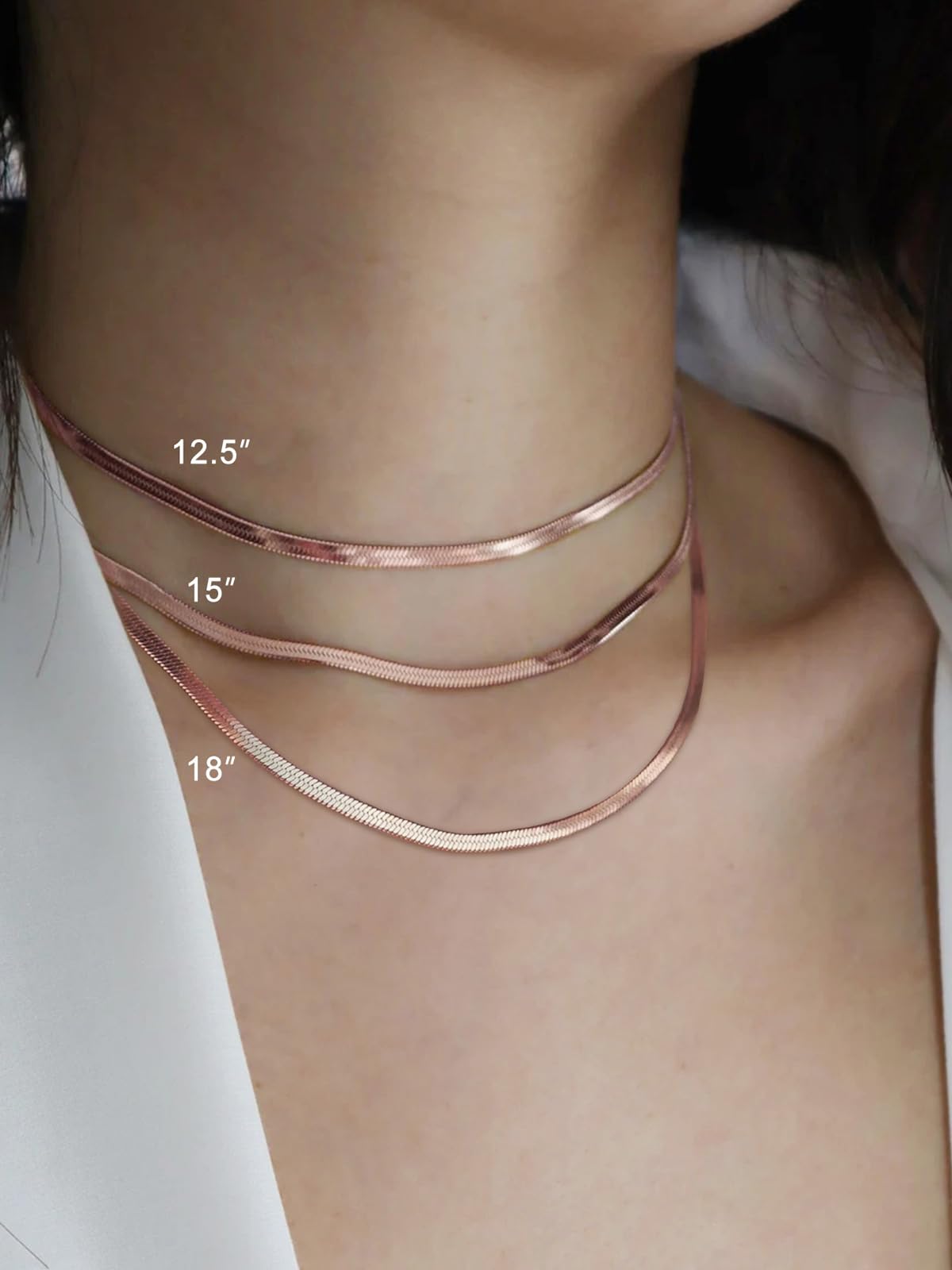 FOCALOOK Rose Gold Plated Flat Snake Chain Necklace Herringbone Necklace Pink Choker Necklaces for Women 3MM(W) 12.5+3.5"(L)
