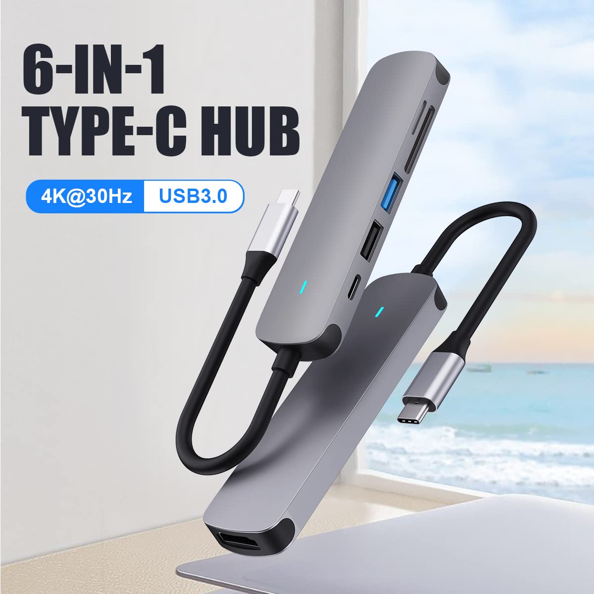 MOSHOU USB-C Hub, 6-in-1Type-C to HDMI Adapter Aluminum with 4K HDMI, 60W Power Delivery, USB3.0 5 Gbps Data Ports, TF and SD Card Reader for MacBook Air, MacBook Pro, XPS, Switch Thunderbolt Splitter