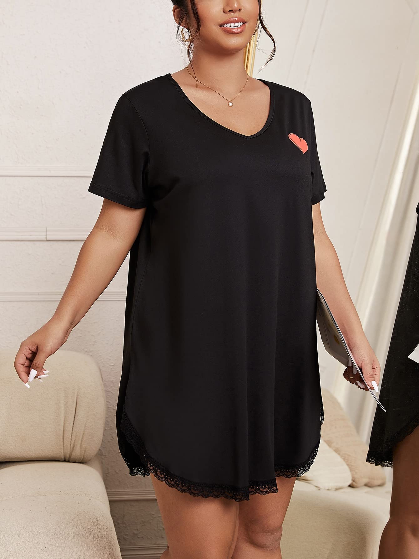 Floerns Women's Plus Size V Neck Short Sleeve Lace Trim Nightdress Sleepwear Black 3XL