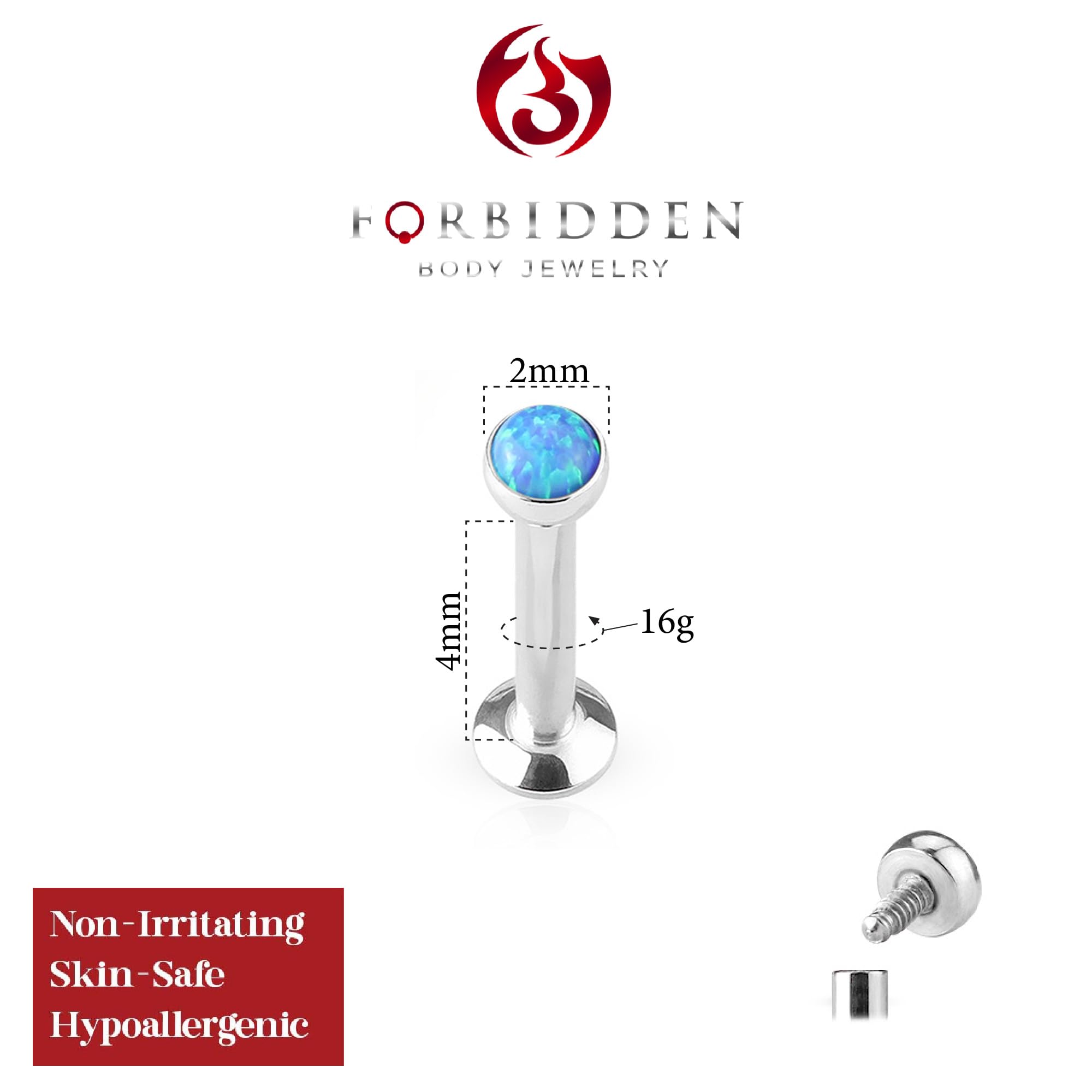 Forbidden Body Jewelry 16g 4mm Internally Threaded Surgical Steel Tragus/Helix/Cartilage/Labret Stud w/Blue Opalite Top