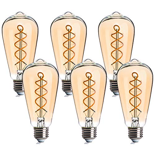 FLSNT 6 Pack LED Edison Bulbs, Dimmable ST19 LED Bulb, 2200K Amber White, E26 Base, 4W(40W Equivalent), 300LM, Amber Glass