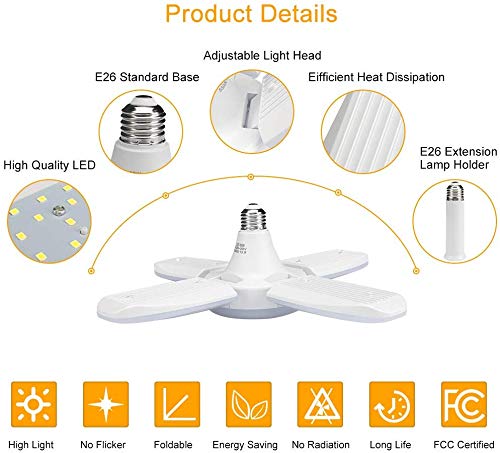 FLPTHQQ Frebento LED Garage Light E26 6000LM Daylight White 60W 6500K Deformable Ceiling Lights,Commercial Bay Lighting,60 Watt,for Warehouse Workshop Barn Basement Lighting Bay Lighting