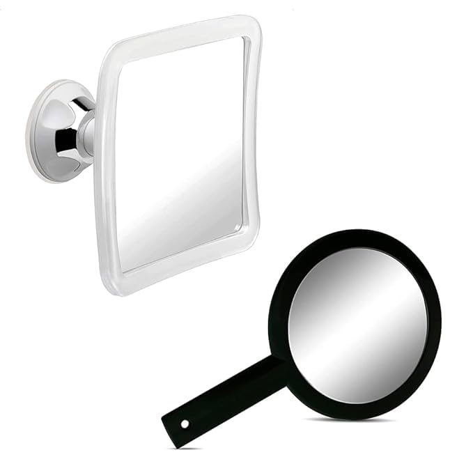 MIRRORVANA Fogless Shower Mirror for Shaving with Upgraded Suction and Black Large & Comfy Hand Held Mirror with Handle (Double-Sided) Bundle