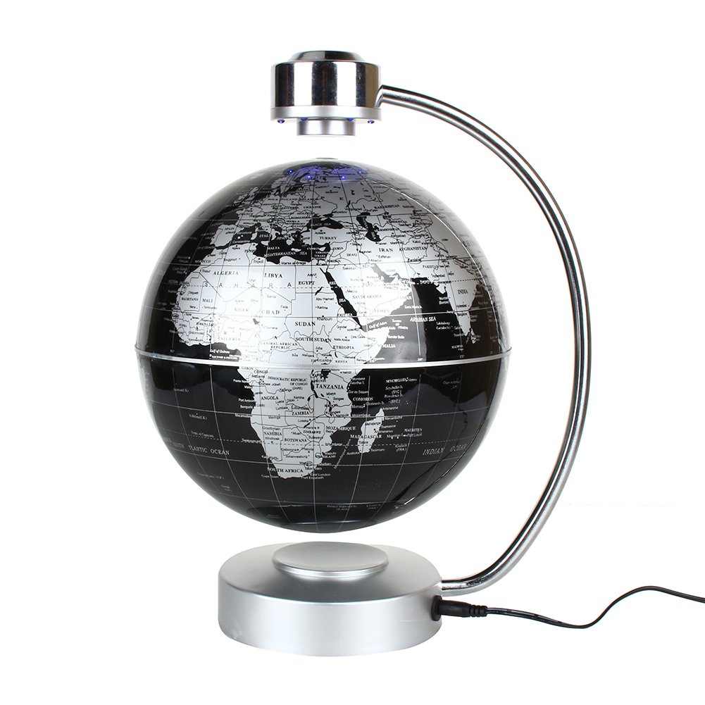 Floating Globe, Office Desk Display Magnetic Levitating and Rotating Planet Earth Globe Ball with World Map, Cool and Educational Gift Idea for Him - 8” Ball with Levitation Stand (Black2)
