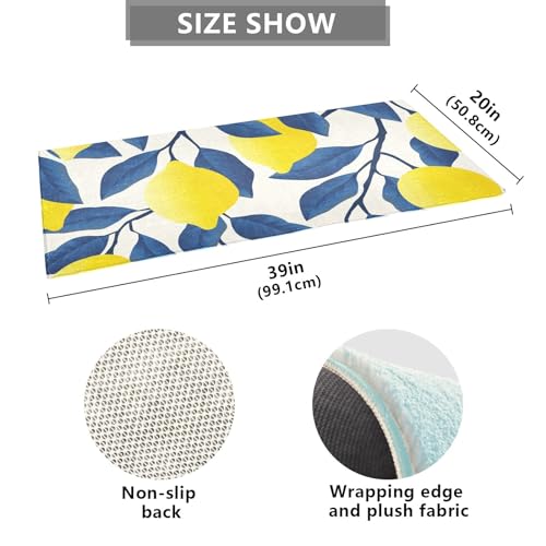 Fluffy Floor Carpet-Tropical Blue Leaf Yellow Lemons,39x20in Front Door Mat Indoor Machine Washable Carpet,Aesthetic Rug