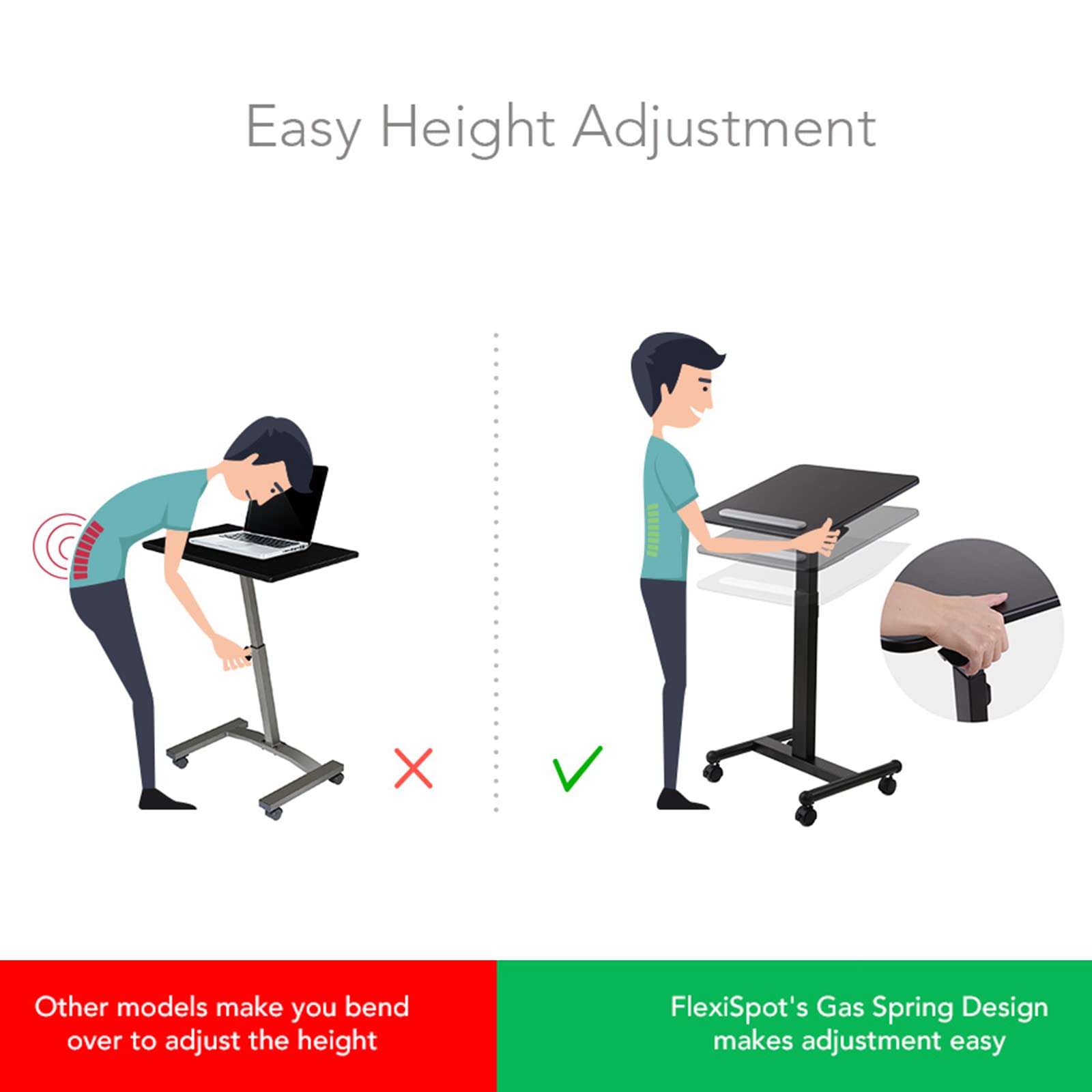 FLEXISPOT MT3 Medical Adjustable Overbed Table with Wheels Pneumatic Mobile Standing Desk Laptop Desk Rolling Computer Cart Movable Overbed Table Hospital Home Use (23.6" W x 20.5" D, Black Table)