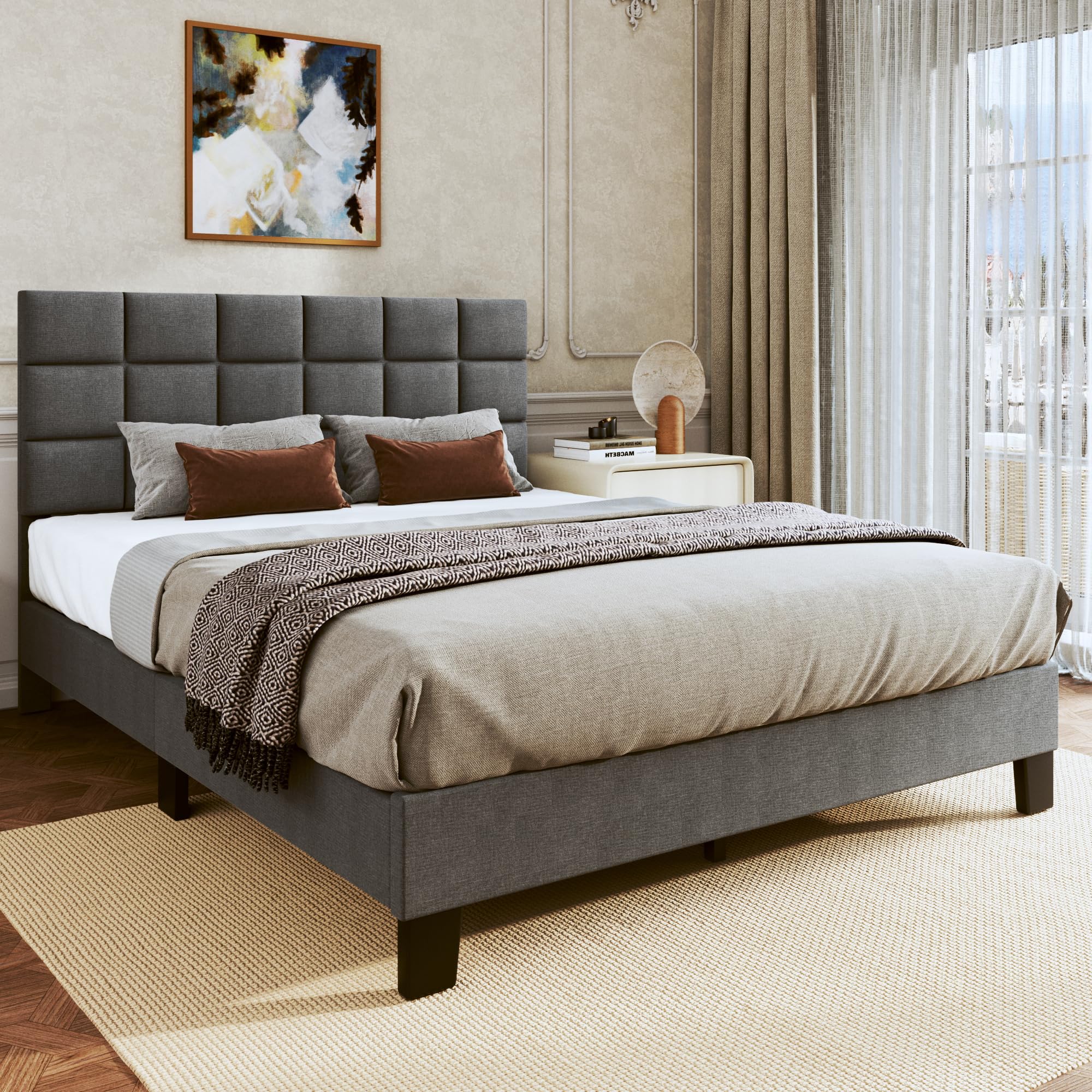 Fluest King Bed Frame Upholstered Bed Frame Platform with Adjustable Headboard Linen Fabric Wooden Slats Support, No Box Spring Needed, Easy Assembly, Mattress Foundation, Package of 2, Dark Grey