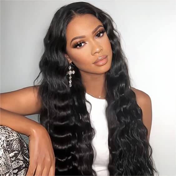 Flvaco 30'' Synthetic Curly Wig for Women, Deep Wave Lace Front Wig and Long Black Wig for Women Daily Use with 4" Simulated Scalp (Black)