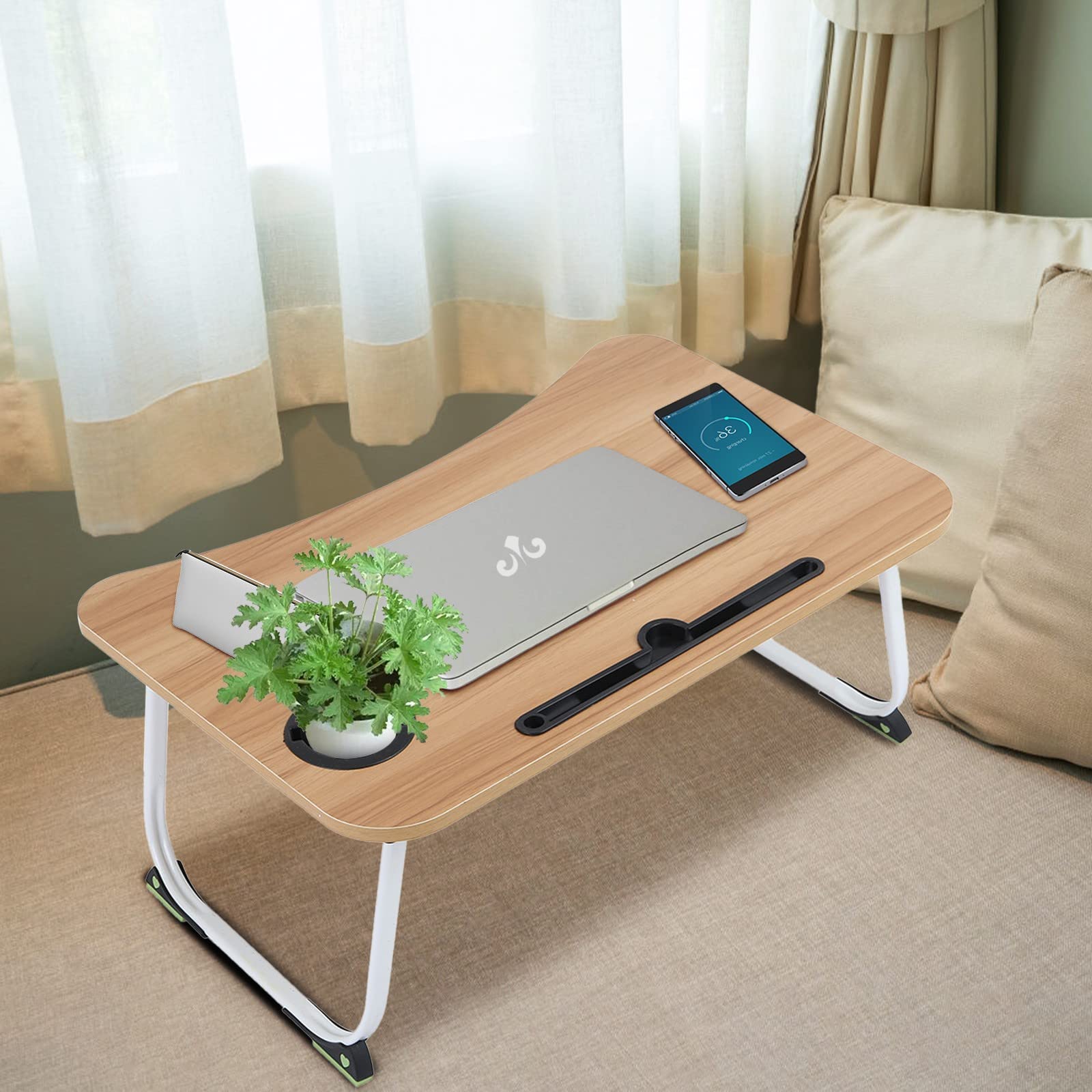 Folding Lap Desk, 23.6 Inch Portable Laptop Bed Desk Lap Desk with Cup Holder, for Working Reading Writing, Eating for Bed Sofa Couch Floor (Brown)
