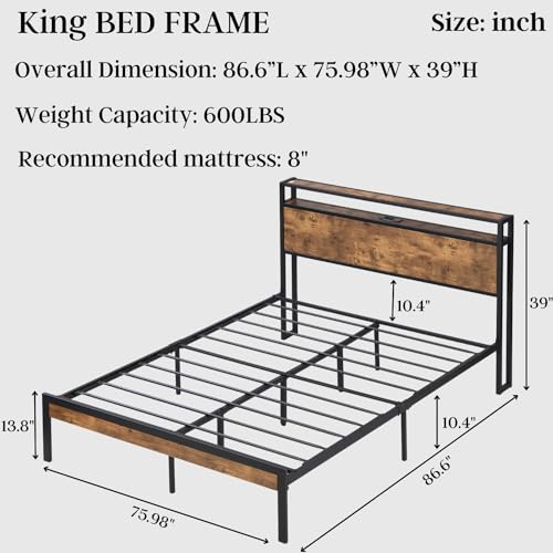 Foinfun King Bed Frame with USB and AC Charging, King Platform Metal Bed, Headboard with 2 Layers of Shelving, No Box Spring Needed, Brown