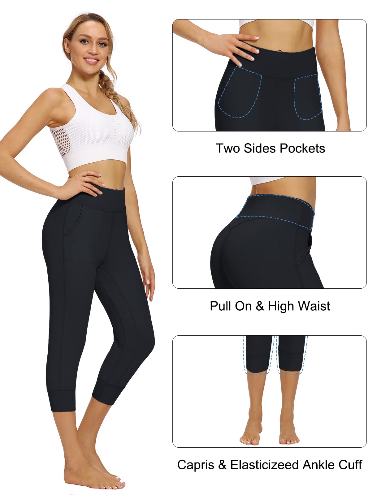 FIRST WAY Women's Buttery Soft Yoga Jogger Pants Capris High Waist with Pockets Lightweight Running Sweatpants Lounge Black M
