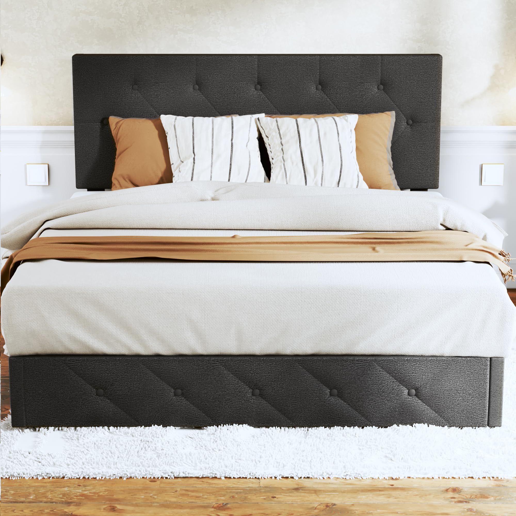 Fluest Queen Bed Frame with Headboard Storage Drawers of 4 Upholstered Bed Frame Platform Adjustable Headboard Wooden Slats Support/No Box Spring Needed/Easy Assembly/Mattress Foundation,Grey